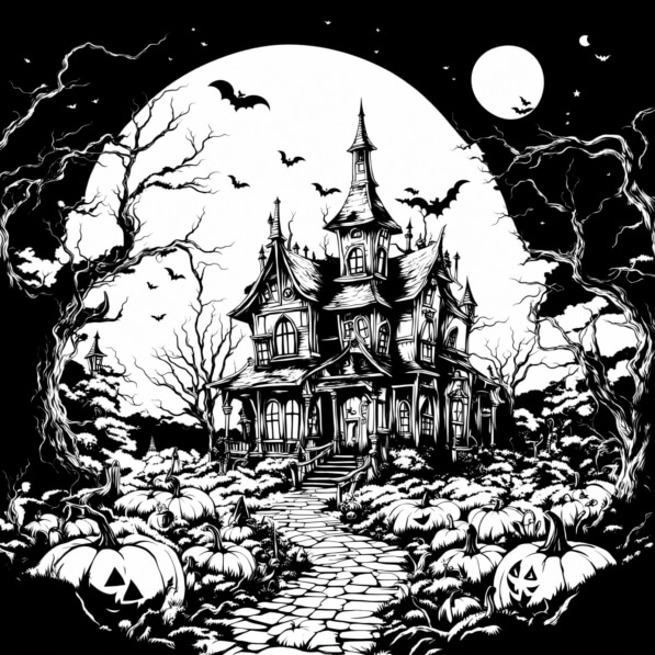 Download Spooky Halloween Drawing with Pumpkins and Bats Coloring pages ...