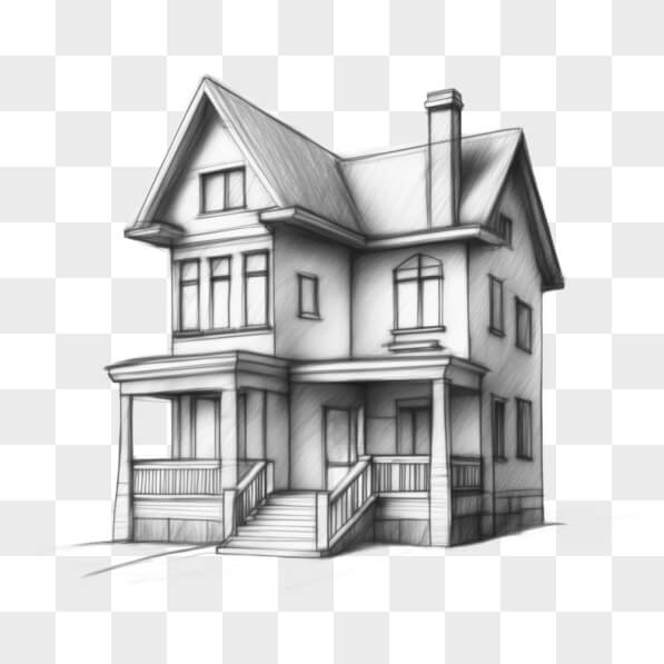 Download Black and White Two-Story House Drawing with Front Porch ...