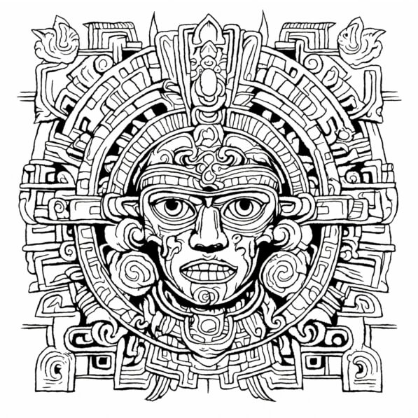 Scarica Pagina da colorare con design azteco ornato e volto di antico ...
