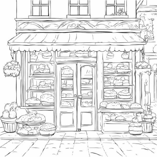 Download Vintage Bakery Storefront Drawing with Pastries and Flowers ...