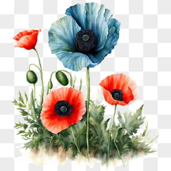Download Red and Blue Poppies Watercolor Painting PNG Online - Creative ...