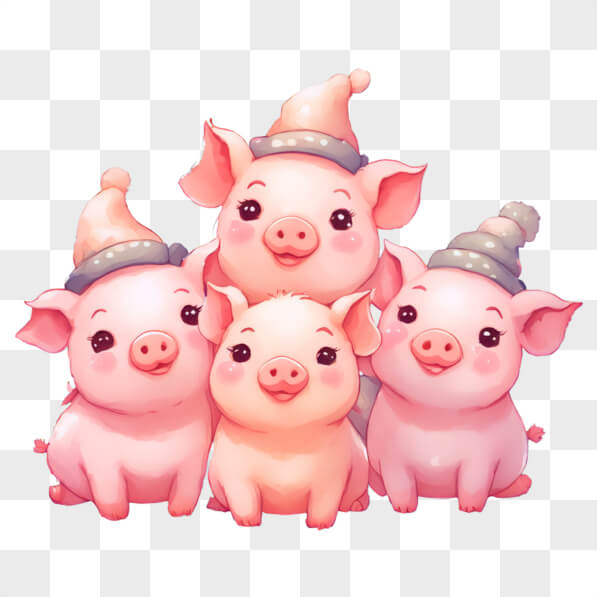 Download Kawaii Image: Group of Four Pink Pigs Wearing Winter Hats ...