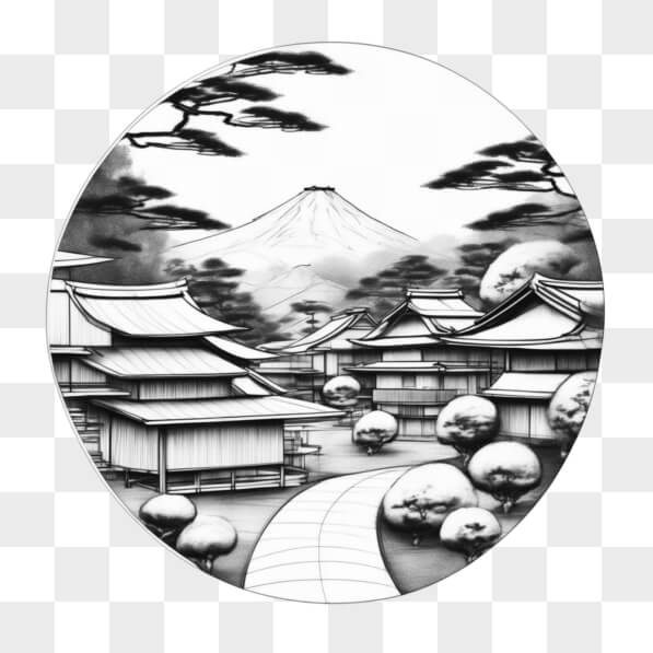 Download Asian Village Drawing with Trees and Mountains Sketches Online ...