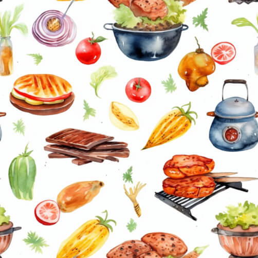 Download Seamless Food Pattern with Vegetables, Meats, and Grilling ...