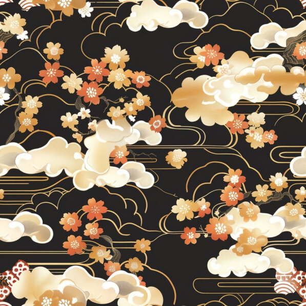 Download Seamless Oriental-Inspired Cloud, Flower, and Leaf Pattern ...