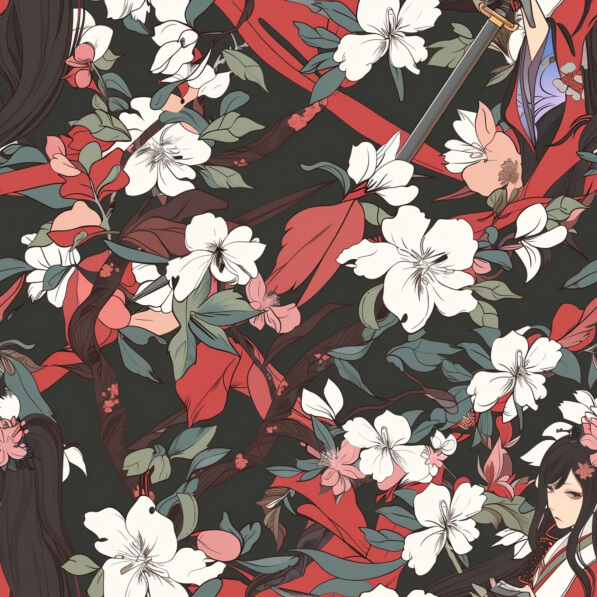 Download Floral Pattern with Women Holding Swords and Flowers Patterns ...