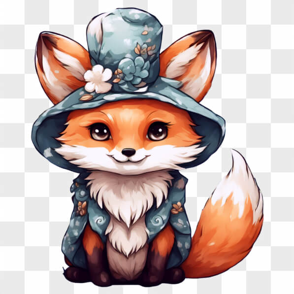 Download Kawaii Fox with Blue Floral Hat Kawaii Online - Creative Fabrica