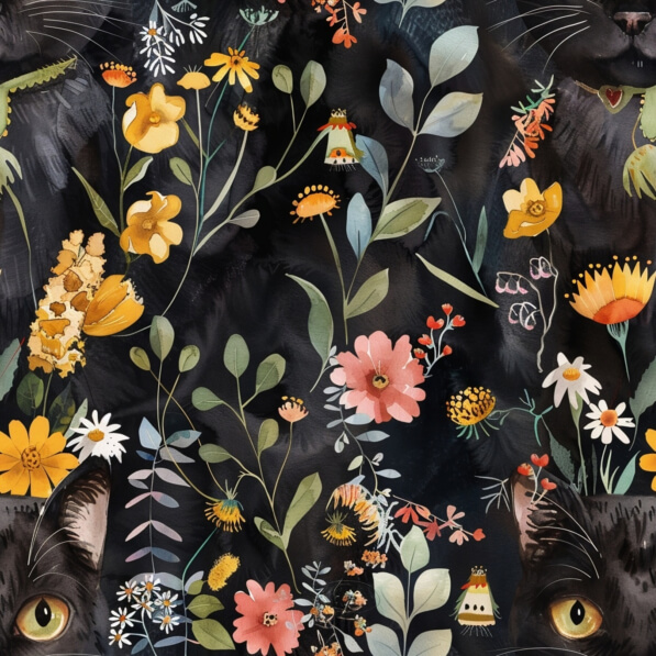 Download Seamless Pattern of Black Cats with Flowers and Insects ...