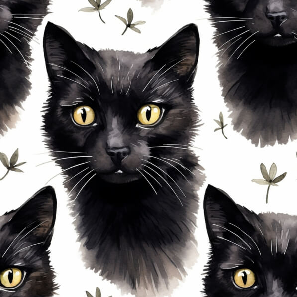 Download Seamless Black Cat Pattern with Yellow Eyes and Leaves ...