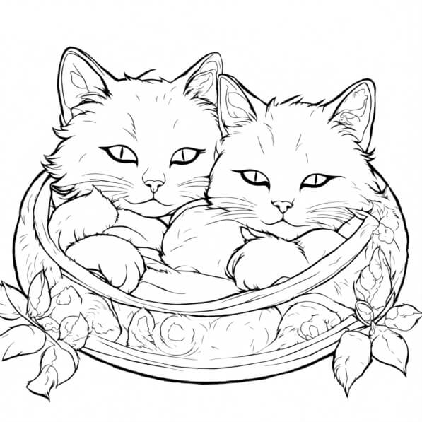 Download Educational Coloring Page: Cats in a Bowl with Leaves Coloring ...