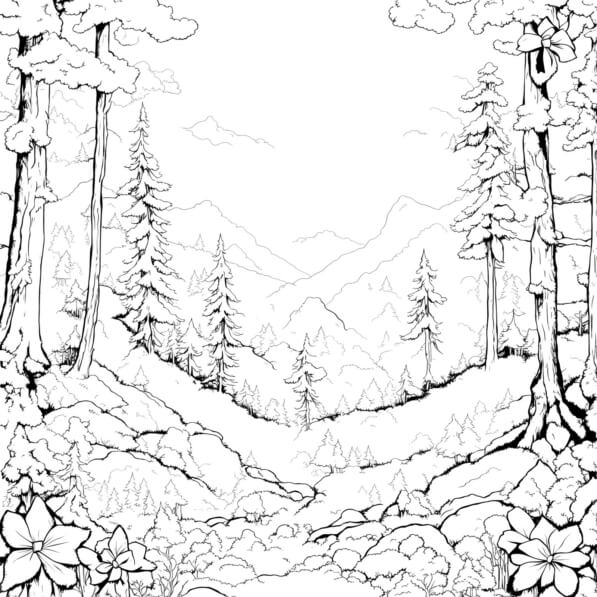 Download Black and White Forest Landscape Drawing Coloring pages Online ...