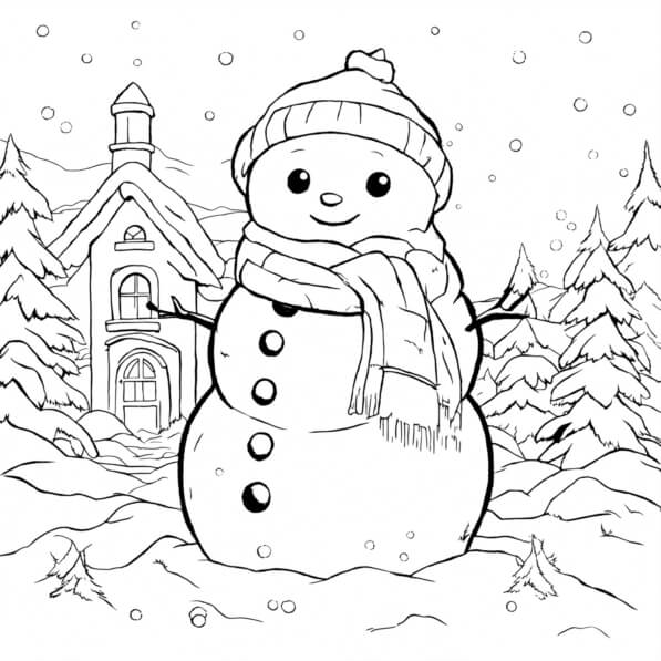 Download Snowman in Winter Season Coloring pages Online - Creative Fabrica