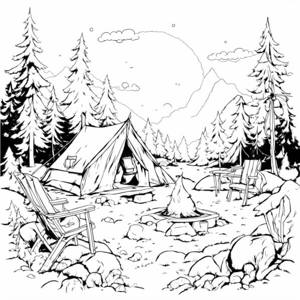 Download Forest Camping Scene with Tent, Chairs, and Fire Pit Coloring ...
