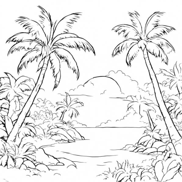 Download Tropical Landscape with Palm Trees and River Coloring pages ...