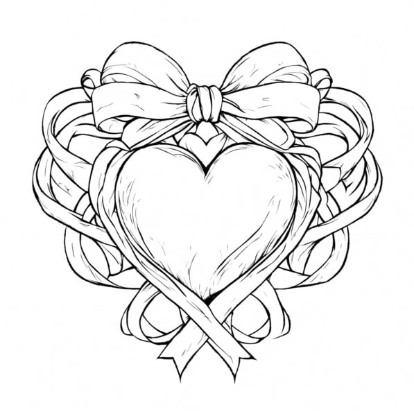Download Heart-Shaped Drawing with Bow and Ribbon Coloring pages Online ...