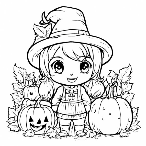 Download Halloween Coloring Page with Girl in Witch's Hat and Pumpkins ...