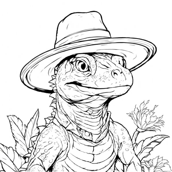 Download Iguana wearing cowboy hat and holding flowers Coloring pages ...