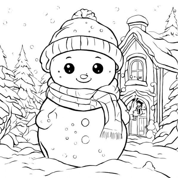 Download Snowman in Winter Scene Coloring pages Online - Creative Fabrica