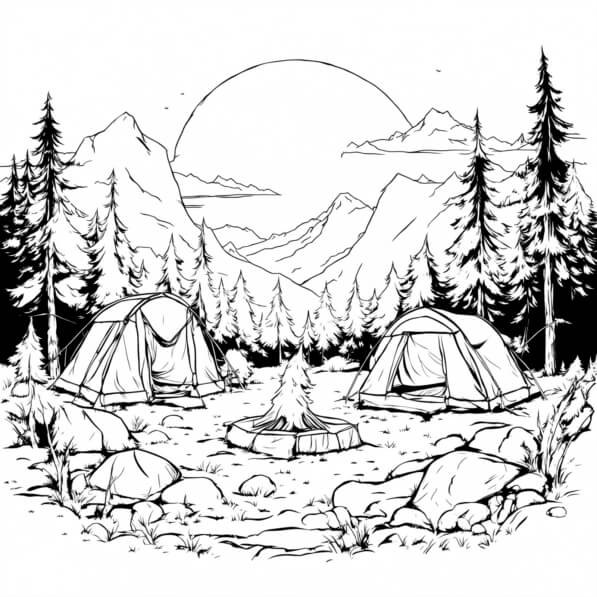 Download Black and White Camping Scene in the Mountains Coloring pages ...