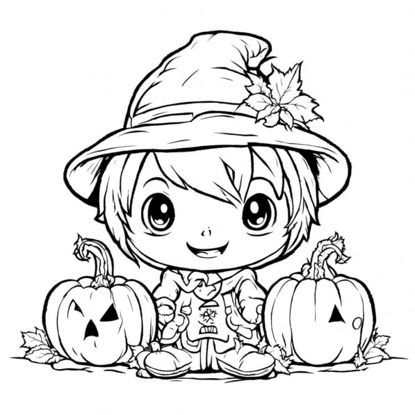 Download Cute Little Witch with Pumpkins Coloring Pages Coloring pages ...