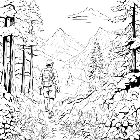 Download Man Hiking in Forest with Mountain View Coloring pages Online ...