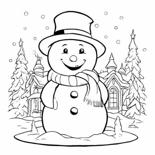 Download Snowman Coloring Page with Houses and Trees Coloring pages ...