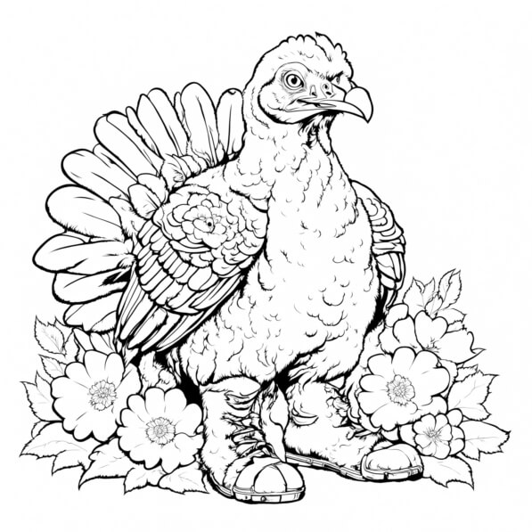 Download Thanksgiving Turkey Coloring Page with Boots and Flowers ...
