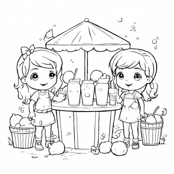 Download Girls at Fruit Stand Coloring Page with Apples and Drinks ...