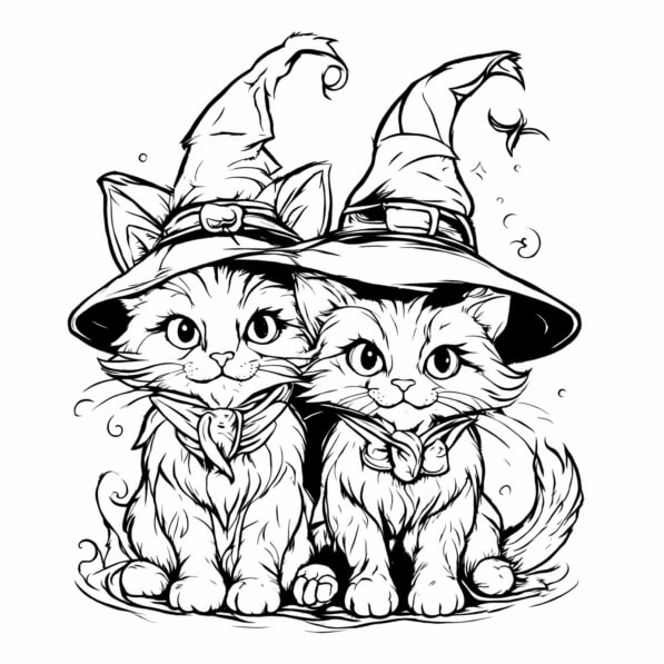 Download Black and White Drawing of Halloween Cats with Witch Hats ...