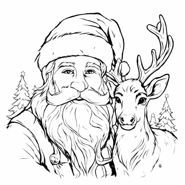 Download Santa Claus and Reindeer in Forest - Christmas Coloring Page ...