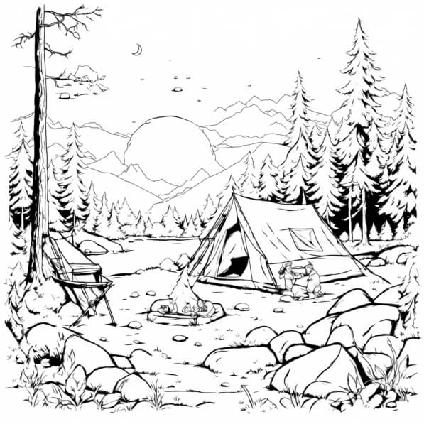 Download Coloring Page: Tent and Campfire in the Woods Coloring pages ...