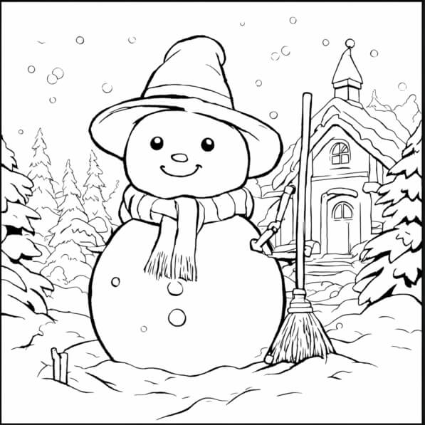 Download Winter Coloring Page: Cheerful Snowman in the Snow Coloring ...