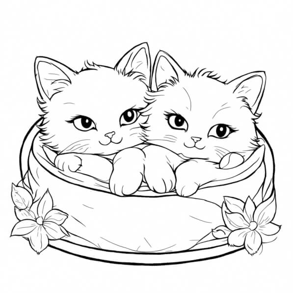 Download Adorable Kittens in a Bowl with Flowers Coloring pages Online ...
