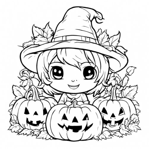 Download Cute Little Witch with Pumpkins Coloring Page Coloring pages ...