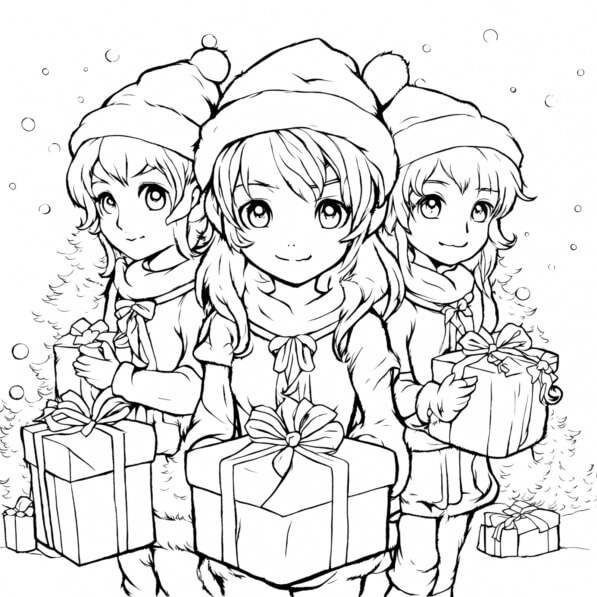 Download Christmas Coloring Page with Girls and Presents Coloring pages ...