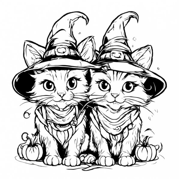Download Two Cats in Witch Hats on Pumpkins Coloring pages Online ...