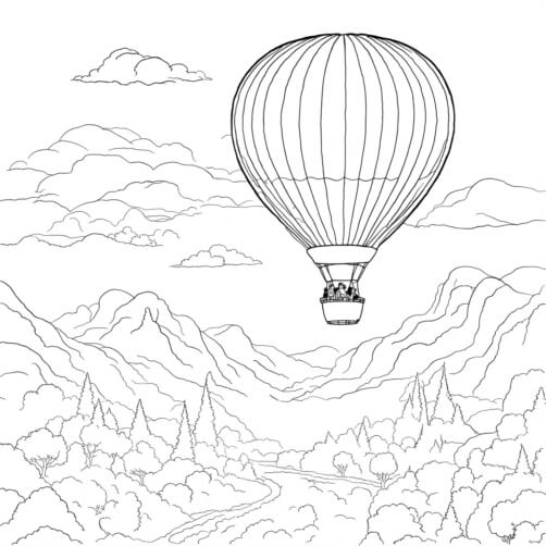 Download Hot Air Balloon Flying Over Mountains and Forests Coloring ...