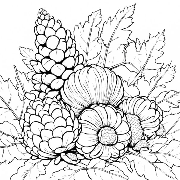 Download Nature Coloring Page with Pine Cones, Leaves, and Flowers ...