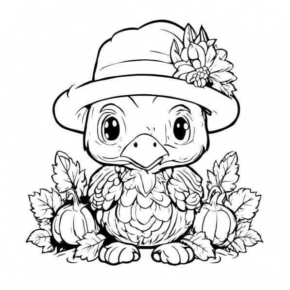 Download Thanksgiving Coloring Page with Cute Turkey, Pumpkins, and ...