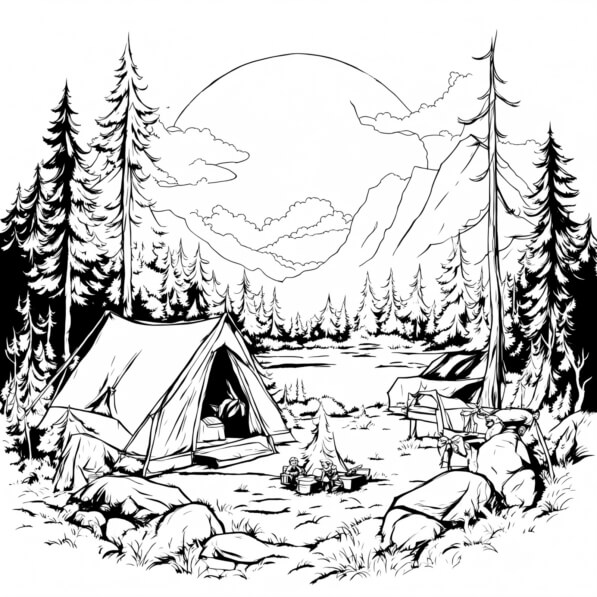 Download Camping Tent in Forest with Fire Pit Coloring pages Online ...