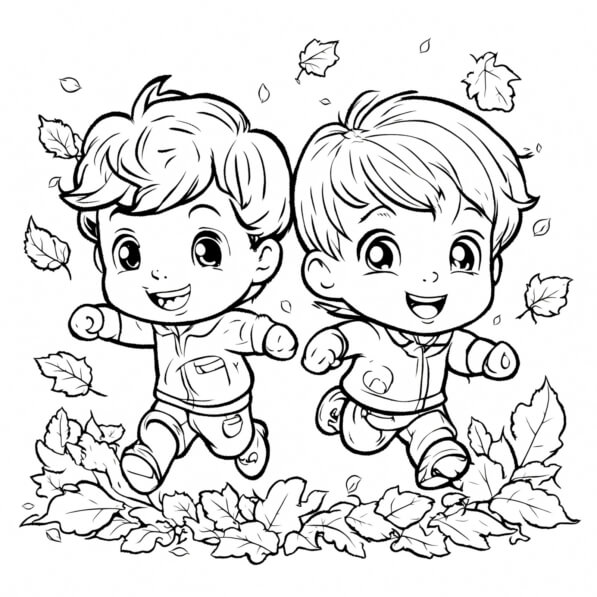 Download Two Boys Running Through Autumn Leaves in a Coloring Page ...