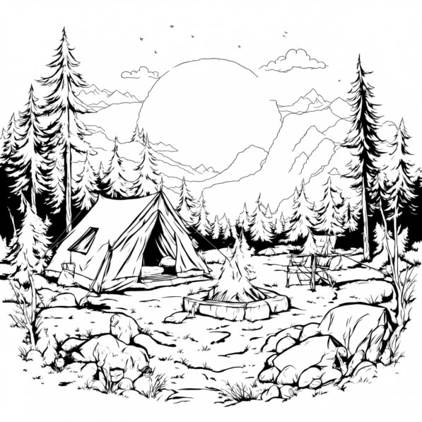 Download Camping Tent in Forest with Fire Pit Coloring pages Online ...