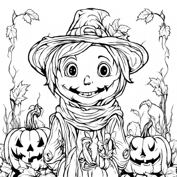 Download Scarecrow Coloring Page with Pumpkins Coloring pages Online ...