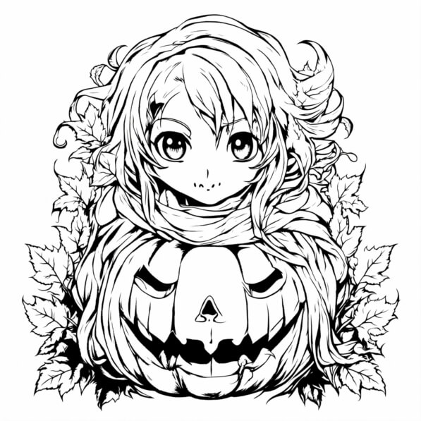 Download Anime Girl Coloring Page with Leaves and Pumpkins Coloring ...