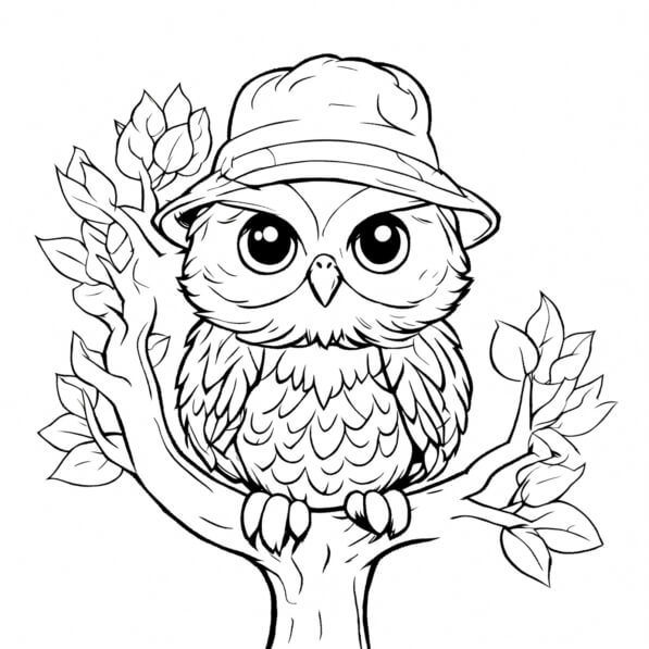 Download Owl in Hat on Tree Branch Coloring pages Online - Creative Fabrica