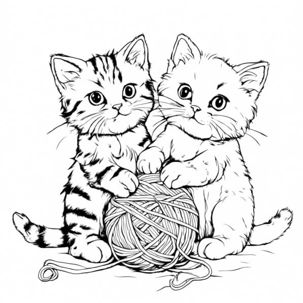 Download Two Kittens Playing with a Ball of Yarn Coloring pages Online ...