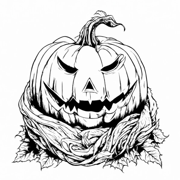 Download Ink Drawing of Pumpkin with Leaves Coloring pages Online ...