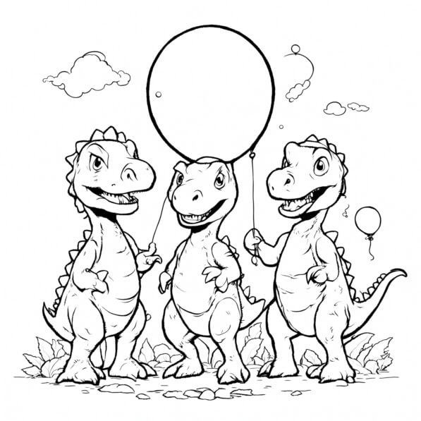 Download Coloring Page: Three T-Rex Dinosaurs with Balloons Coloring ...