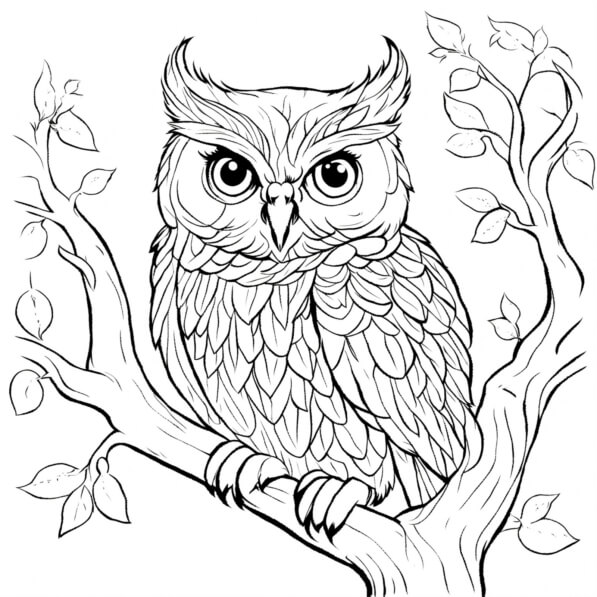 Download Coloring Page with Owl on Tree Branch Coloring pages Online ...