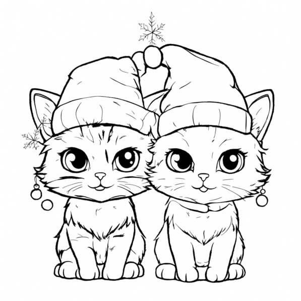 Download Holiday Coloring Page with Cats in Santa Hats and Snowflakes ...